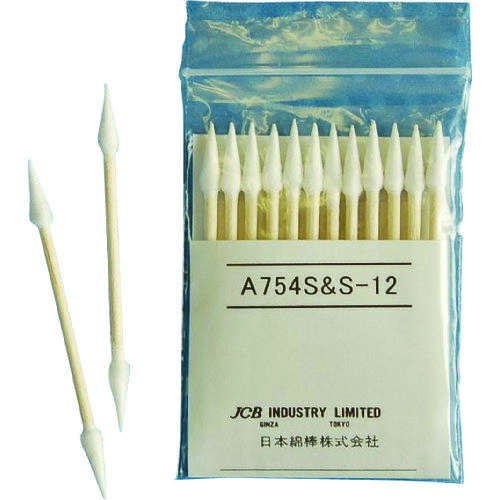 JCB　工業用綿棒A754S−S−12　（12本入）JAN：4904095607112メーカー：日本綿棒（株） / ブランド：JCB / 原産国：日本特長●先端を細く尖らせたタイプです。用途●カメラ、携帯電話、模型などの清掃に。●電子基板、...