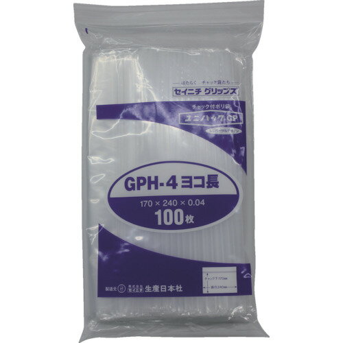 セイニチ　「ユニパックGP」H−4　ヨコ長　170×240×0．04　100枚JAN：4909767172486メーカー：（株）生産日本社 / ブランド：セイニチ / 原産国：日本特長●手袋着用時でも利用可能なため、充填効率UPの期待が持て...