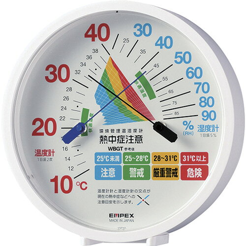 【特長】●温度、湿度、熱中症注意レベルが一目でわかります。●針の交差で注意レベルを表示します。●大きな文字と色分け表示で遠くからでも分かりやすいです。【用途】●屋内用。●熱中症予防対策に。【仕様】●測定温度範囲(℃)：10〜40●温度最小表...