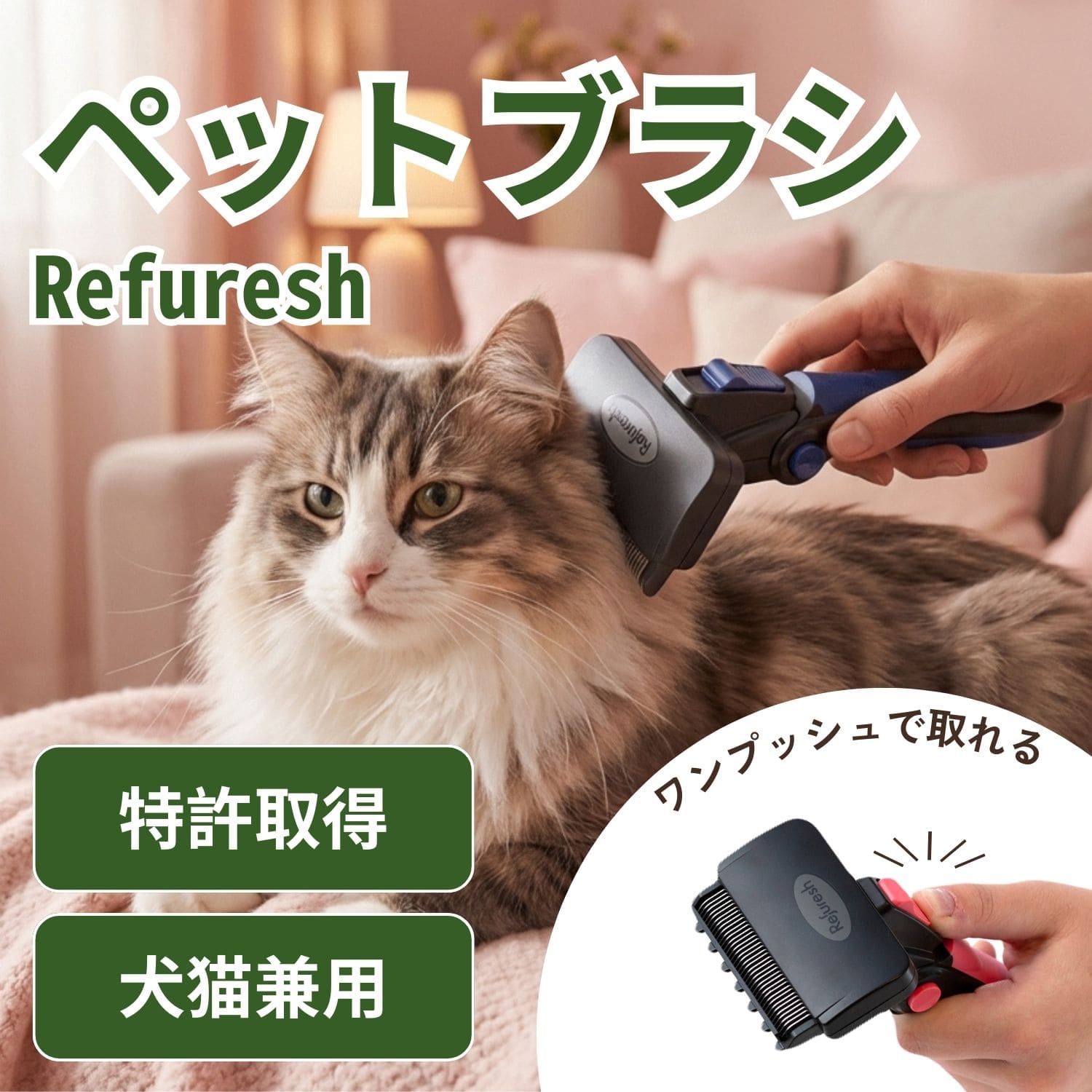 【わんちゃん・猫ちゃんの抜け毛処理ならRefuresh】 1. 獣医師・トリマーも推奨 ・獣医師やトリマーも推奨するペットブラシRefuresh 2. 不要な毛だけを的確にキャッチできる ・アンダーコート（死毛）だけを的確にキャッチ。 ・常...