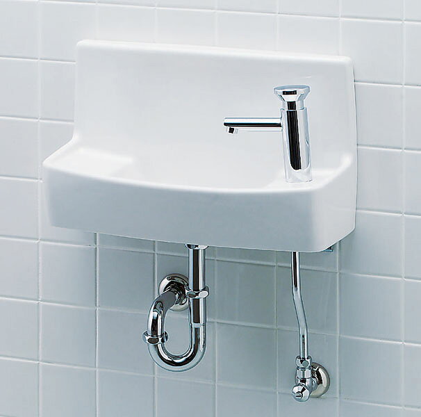 【L-A74PB】　INAXトイレ用手洗い器　プッシュ式セルフストップ水栓　床給水・床排水　ハイパーキラミック■プッシュ式セルフストップ水栓　ボタンを押せば一定量吐水して自動的に　止水します。■寸法：460×200×275■水栓金具・排水ト...