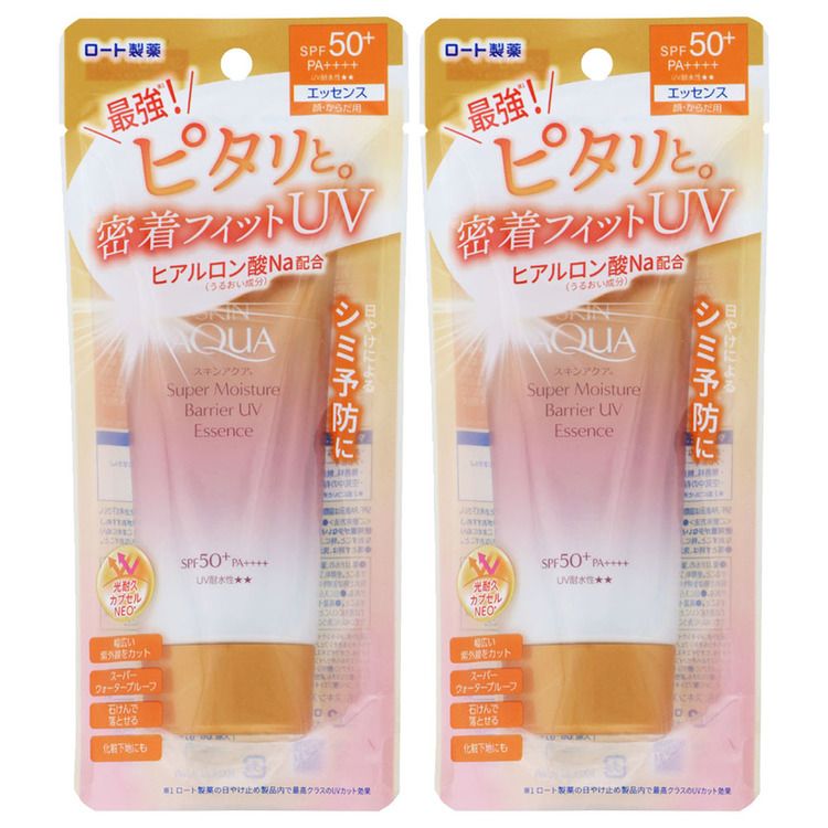 ・「スキンアクアスーパーモイスチャーバリアUVエッセンス」は、汗肌でも密着フィットUV。つけた瞬間、肌にぴたっと密着します。・エッセンスタイプの日やけ止め。・「バリアフィット処方」採用。気持ちよいうるおいUV膜が肌表面に密着し、強力紫外線か...