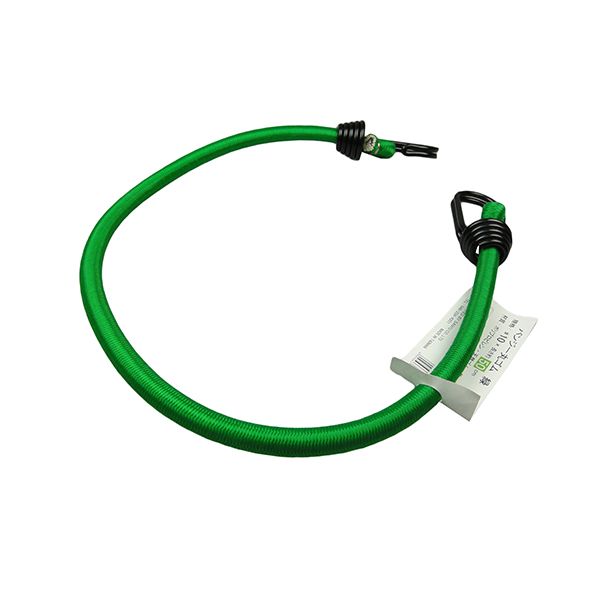 【用途】荷物の仮留め・固定。【機能・特徴】両端にフックの付いた丸ゴムです。フック取付なので、様々な所に簡単に取付可能です。【仕様】●サイズ：約50cm。●色：緑。●ポリプロピレン。●天然ゴム。●鉄。資材 運送資材 固定部材