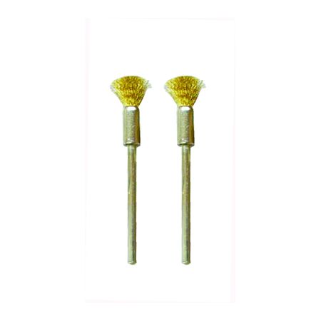 【商品説明】■回転工具に取付けて研磨材を塗布し磨き、汚れ落としをするブラシです。各種金属商品のサビ落とし、ペンキ落とし、汚れ落とし、等に使用します。■外径（mm）：5■軸径（mm）：2.34■形状：筆型■線材：真鍮線■■最大許容回転数（mi...