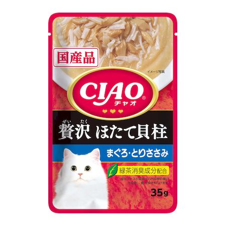【商品説明】●とりささみのペーストに猫ちゃんの好きな素材をトッピング。●贅沢な素材に合ったこだわりのエキスを使用。●原材料：鶏肉(ささみ)、まぐろ、ほたて貝柱、ほたてエキス、糖類(オリゴ糖等)、植物性油脂、増粘剤(加工でん粉)、増粘多糖類、...