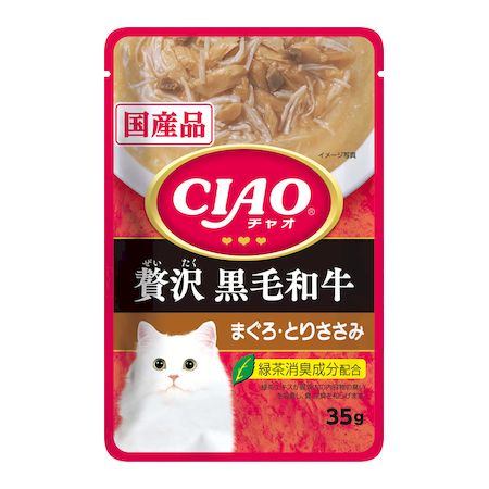 【商品説明】●とりささみのペーストに猫ちゃんの好きな素材をトッピング。●贅沢な素材に合ったこだわりのエキスを使用。●原材料：鶏肉(ささみ)、まぐろ、牛肉、ビーフエキス、タンパク加水分解物、糖類(オリゴ糖等)、植物性油脂、増粘剤(加工でん粉)...