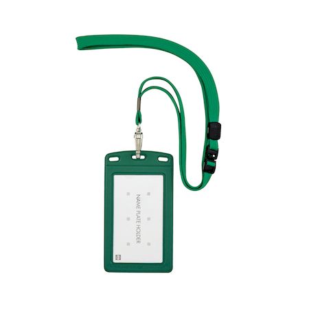 【商品説明】●高級感のあるレザー調吊り下げ名札タテ型です。●名刺などのストックができる2ポケットタイプです。●安全装置・長さ調整付●入数：1枚●ひも：再生PET／ケース：再生PVC●ひも：長さ約90cm／幅約10mm●中紙サイズ：W55XH...