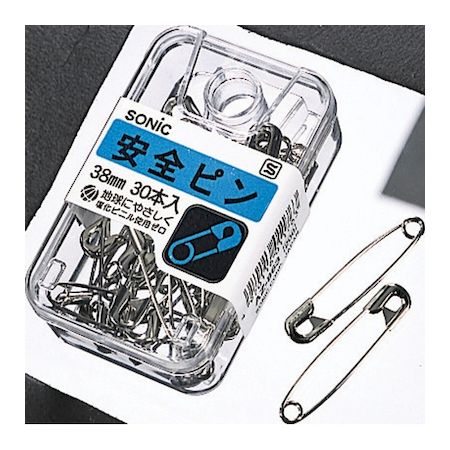 【商品説明】●職場や家庭で重宝される安全ピン●中身がひと目ですぐわかる透明プラケース●サイズ：38mm●パッケージ：72×44×25mm●スチール