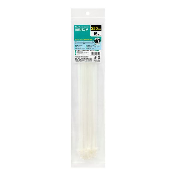 ■全長：250mm■幅：4.8mm■最大結束内径：60mm■引張強度：22.2kg■使用温度範囲：-40℃〜+85℃■材質：66ナイロン■15本入■カラー：ホワイト●使い方いろいろ、簡単結束に便利