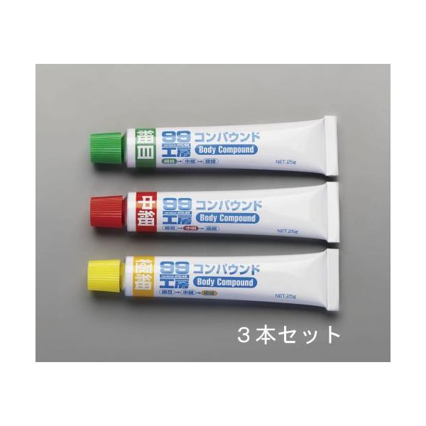 ●内容量…25g×3本●初心者でも安心のセット●軽いスリ傷、引っかき傷などの補修に●緑：細目、赤：中目、黄：極細のセット●細目→中細→極細の3ステップで仕上る。●成分…研磨剤、石油系溶剤、界面活性剤●種類…ねり●広い面積で使用する場合はコン...