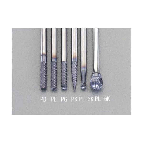 エスコメーカーお問い合わせ：06-6532-6226●材質…タングステンカーバイド、TiAlNコーティング●刃形状…Kカット（ファインダイヤモンドカット）●適合材質…ハードスチール・ステンレス●軸径…3mm●刃径×刃長×全長…3×2.7×38mm