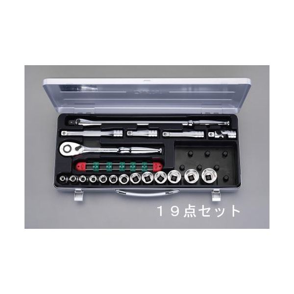 エスコメーカーお問い合わせ：06-6532-6226●差込角…1/2”＜セット内容＞●ソケット(6角)…8・10・11・12・13・14・17・19・21・22・24・26・27mm●ラチェットハンドル…250mm●スピンナーハンドル…40...