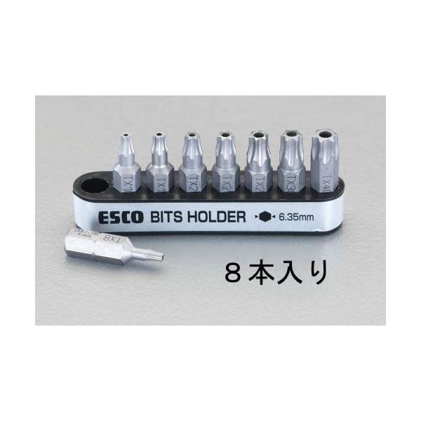 エスコメーカーお問い合わせ：06-6532-6226●…8本セット●TORXビット・イジリ止め付・六角シャンク：1/4”・全長：25mm・サイズ：T8・T10・T15・T20・T25・T27・T30・T40・重量：5(T8〜T15)・6（T...