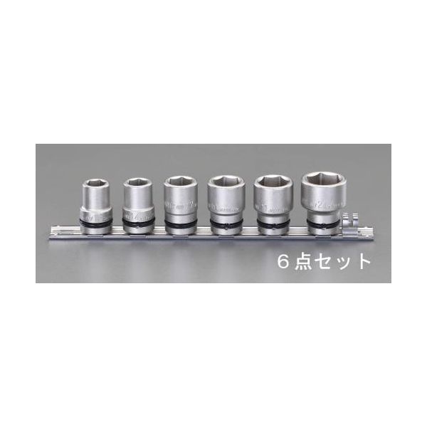 エスコメーカーお問い合わせ：06-6532-6226●…6点●ソケットサイズ(6角)…13・14・17・19・21・24mm●ホルダー付き●外径…21〜35mm●差込角…1/2”●全長…38〜42mm●無電解メッキ仕上●重量…680g