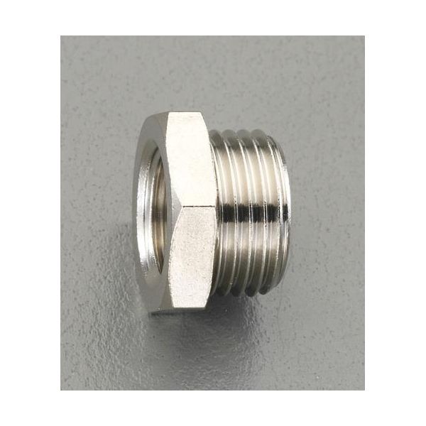 ●材質…真鍮（ニッケルメッキ）●最高使用圧力…0.8MPa●ねじ径（雄）…G（PF）1/2”●ねじ径（雌）…G（PF）3/8”●ねじ有効長…15.5×10mm●六角対辺…24mm●全長…15.5mm●重量…約24g