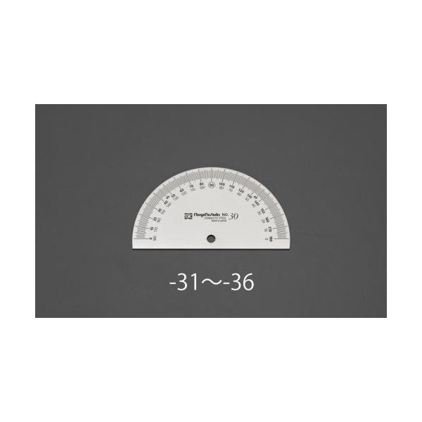 エスコメーカーお問い合わせ：06-6532-6226●最小目盛…1°●直径…90mm●最大測定角度…180°●材質…ステンレス●治具・機械等に取り付けて角度測定に使用
