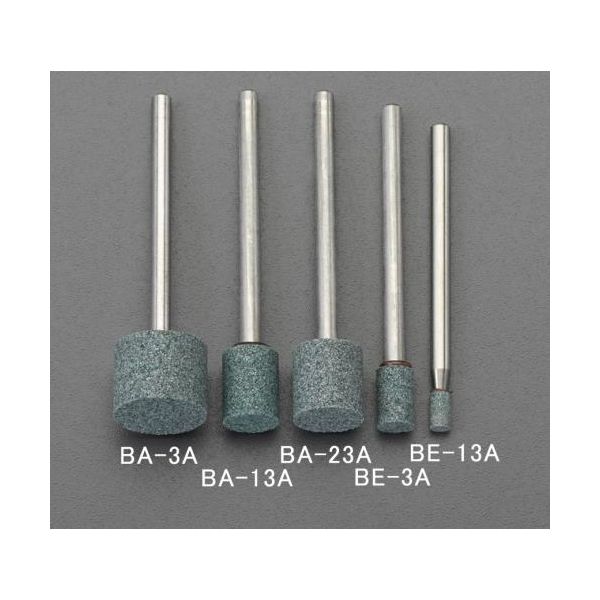 エスコメーカーお問い合わせ：06-6532-6226●直径…3mm●高さ…5mm●全長…47mm●軸径…3mm●最大回転数…105000rpm●カラー…緑●粒度…＃100●砥粒…GC