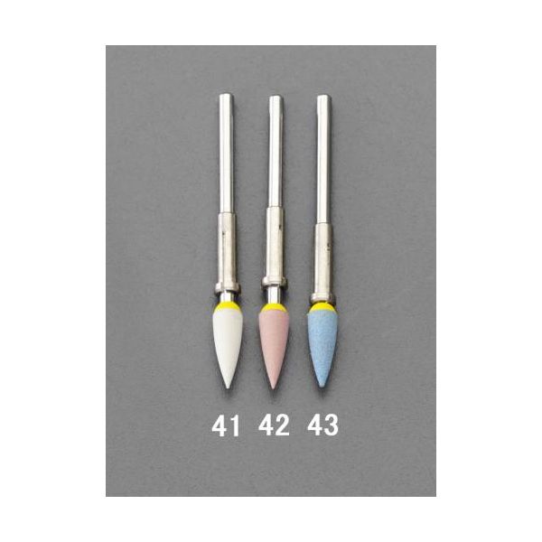 エスコメーカーお問い合わせ：06-6532-6226●軸径…3.0mm●ヘッドサイズ…φ4×13mm●最大回転数…7000〜12000rpm●セラミック等の高品質研磨に適しています。●色…グレー●粒度…細目