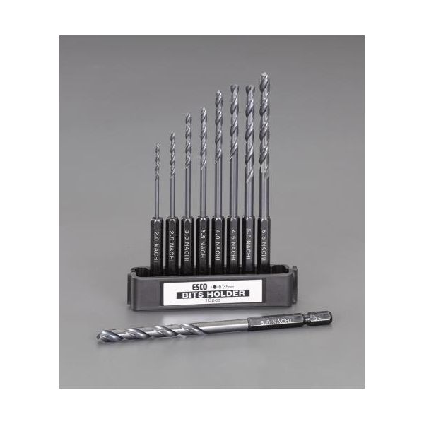 エスコメーカーお問い合わせ：06-6532-6226●材質…Co-HSS(コバルトハイス)●六角シャンク…6.35mm●シンニング付●入数…9本●サイズ(mm)…2.0・2.5・3.0・3.5・4.0・4.5・5.0・5.5・6.0