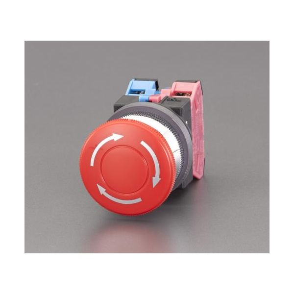 エスコメーカーお問い合わせ：06-6532-6226●ボタン径…40mm●色…赤●定格容量…600V/10A●接点構成…1a1b●保護構造…IP65●端子ねじサイズ…M3.5●パネルカットφ30mm用●ボタンを押すとその状態でロックされ、右...
