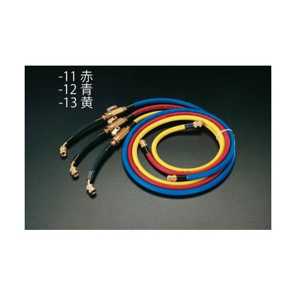 エスコメーカーお問い合わせ：06-6532-6226●使用圧力…5.08MPa●適用冷媒…R404A・R407C●ねじサイズ…UNF7/16-20(1/4”フレア)●全長…120cm●色…黄●入数…1本