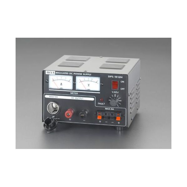 エスコメーカーお問い合わせ：06-6532-6226●屋内型●入力電圧…AC100V●出力電圧…DC0〜15V（可変）●定格出力電流…10A●最大出力電流…12A●サイズ…195×225×125(H)mm●重量…5.5kg●定電流型保護回路内蔵