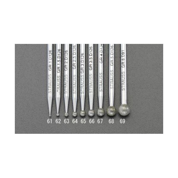 エスコメーカーお問い合わせ：06-6532-6226●軸径…3mm●全長…45mm●刃形状…ボール●砥粒…ダイヤモンド●粒度…＃140●刃径…2.5mm●電着タイプ
