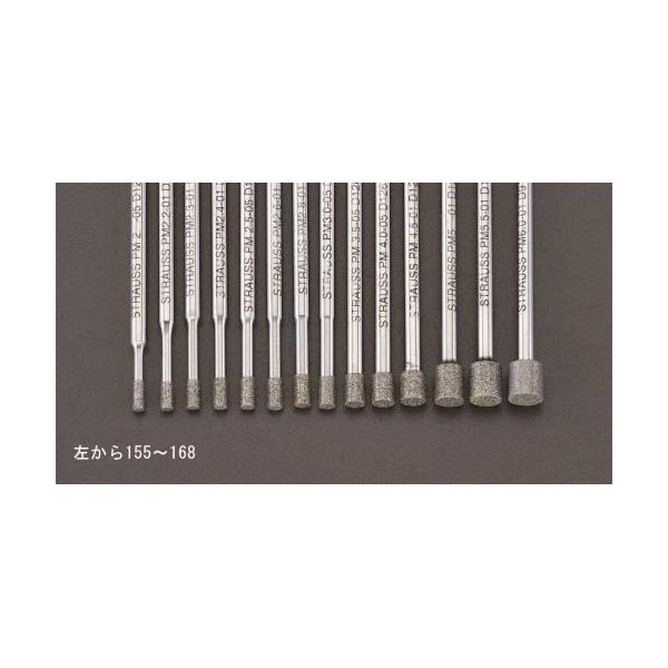 エスコメーカーお問い合わせ：06-6532-6226●軸径…3.0mm●刃径…2.0mm●刃長…5mm●全長…55mm●粒度…＃140●ボラゾン（CBN）砥粒付