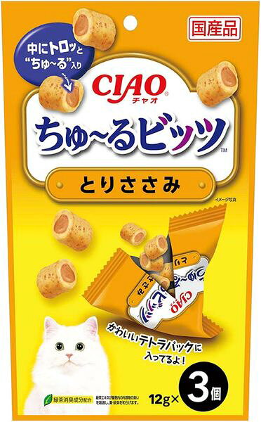 【商品説明】●外はふっくら、中にトロッとちゅ〜るが入っているため、2つの食感が楽しめます。●与えやすく食べやすいビッツタイプのおやつ。●出しやすく、見た目も可愛いテトラパックを使用。●原材料：鶏肉(ささみ)、かつお節、鶏脂、ほたてエキス、糖...