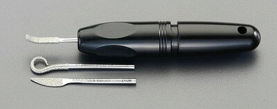 エスコメーカーお問い合わせ：06-6532-6226●＜セット内容＞…・平：3.3×1.5×15mm・丸：φ2.3×20mm・刀刃：3.8×1.2×17mm・グリップ：95mm●全長…55mm●軸径…3mm●粒度…＃200