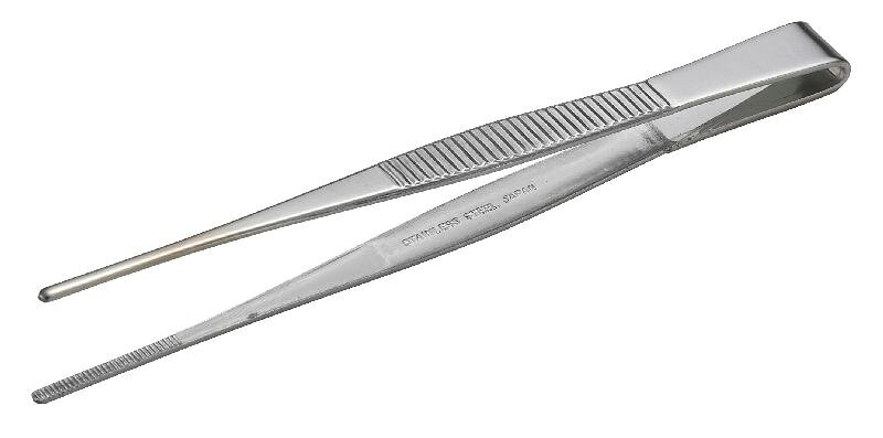 【仕様】 ●125mm直（ギザ）●全長×後端部幅（mm）:125×10 【特長】 ●機械部品、脱脂綿、ガーゼなどその他いろいろつかむことができる一般的なピンセット　
