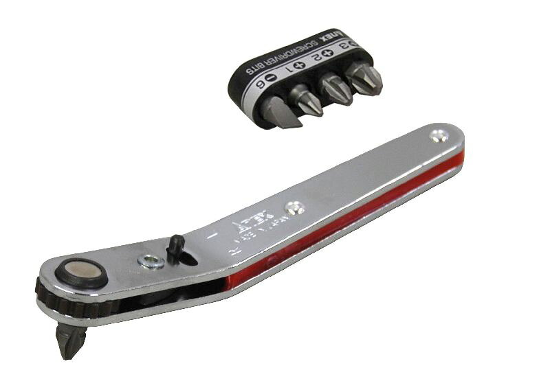 【仕様】 ●ベントアップヘッド●超短ビット:＋1, ＋2（2本）, ＋3, ?6 【特長】 ●超薄型ヘッド21mm●手首を反復動作だけでネジを回せるラチェット機構●マグネットでビットチャッキング●狭いところでの作業に最適