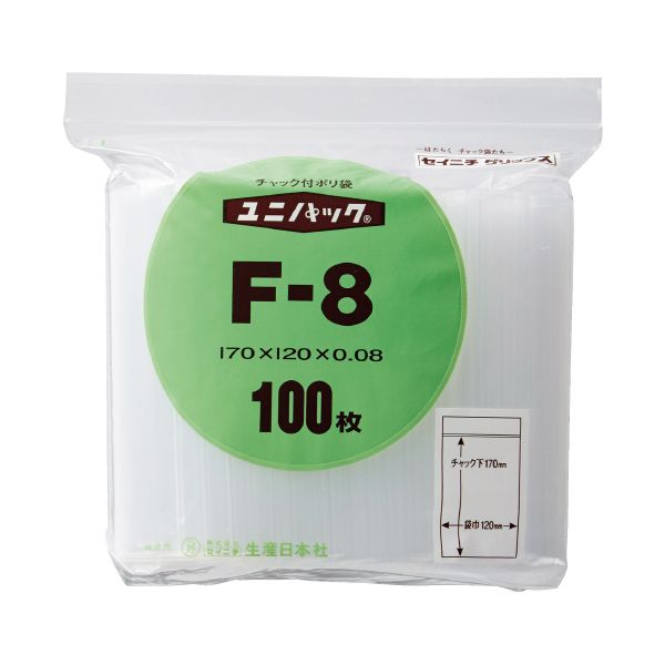 【商品説明】国産チャック袋。食品衛生法第370号 第3の基準をクリアした商品です。厚口のチャック袋。重量物入れにおすすめ。●入数：100枚●チャック下寸法（横）[mm]：120●チャック下寸法（縦）[mm]：170●厚[mm]：0.08●材...