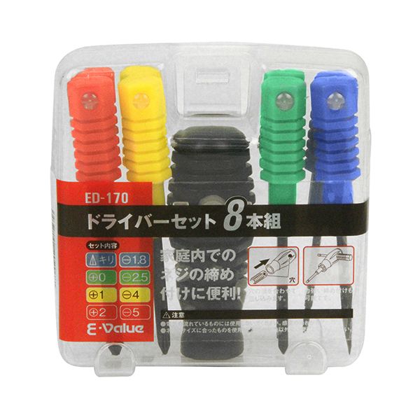 【用途】各種ネジの締め付け、緩め作業。【機能・特徴】ハンドルに穴が開いているので、力強い締め付けも可能です。【仕様】●8本組。●セット内容：+0・+1・+2・-1.8・-2.5・-4・-5・キリ。【注意事項ほか】電機の流れているものには使用...