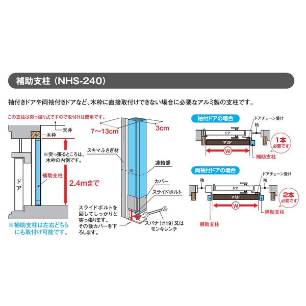 【商品説明】●商品特徴：ドア用網戸オプションです。補助支柱は、袖付きドアや両袖付きドアなど木枠に直接取付けできない場合に必要なアルミ製の支柱です。●色詳細：ブラック●取付詳細寸法等：高さ240cmまで（部材をジョイントして使います。梱包サイ...