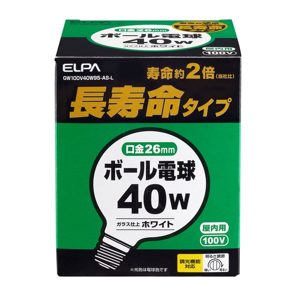 朝日電器メーカーお問い合わせ：042-473-0159【商品説明】●定格電圧：100V●定格寿命：約4,000時間●明るさ(全光束)：420lm●消費電力：40W●口金：E26●全長：134mm●バルブ径：95mm●ガラス仕上：ホワイト●光...