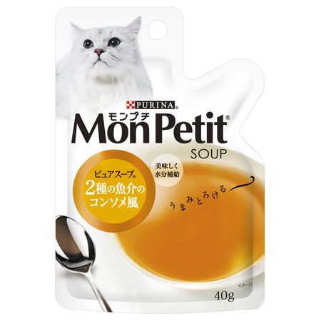 【商品説明】猫 フード ウェット パウチ レトルト モンプチ スープ■「2種の魚介」の厳選素材のうまみを凝縮し、芳醇な香りの「コンソメ風」仕上げに。■原材料：魚介類(フィッシュエキス、白身魚エキス)、植物性油脂、調味料、増粘安定剤(加工でん...