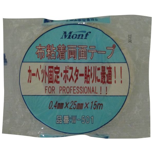 【商品説明】●天然ゴム系粘着剤を使用した、粗面への接着に優れた両面テープです。●カーペットの固定、ポスターの掲示等に最適です。布 両面 テープ 補修4909622740232