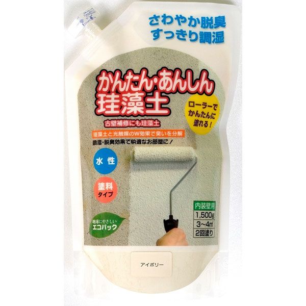 【商品説明】●古い塗り壁やビニール壁紙にローラーで塗れる珪藻土壁材。●アクドメールの下塗りが必要です。●商品サイズ:H280×W170×D80mm ●内容量:1.5kg ●容器込重量:1.53kg ●施工面積:3〜4平方m（下地の種類によっ...