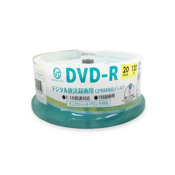ヴァーテックスメーカーお問い合わせ：0120-009-051【商品説明】●デジタル放送録画用DVD-R 20枚スピンドルケース●CPRM対応/120分/4.7GB●ホワイト/プリンタブル（外径：118mm 内径：25mm）ブランクメディア　...
