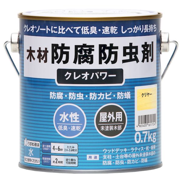 和信ペイントメーカーお問い合わせ：0480-48-2725【商品説明】●クレオソートに比べて低臭・安全、しっかり長持ち●屋外未塗装木部の防虫・防腐・防カビ・防蟻に●塗り面積（2回塗り）：4〜6m2（畳2.4〜3.6枚）●乾燥時間（20℃）：...