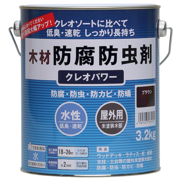 和信ペイントメーカーお問い合わせ：0480-48-2725【商品説明】●クレオソートに比べて低臭・安全、しっかり長持ち●屋外未塗装木部の防虫・防腐・防カビ・防蟻に●塗り面積（2回塗り）：18〜26m2（畳11〜16枚）●乾燥時間（20℃）：...