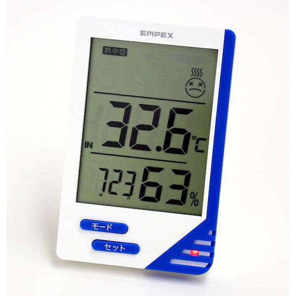 エンペックス気象計（株）メーカーお問い合わせ：050-3784-5591【商品説明】●5段階の熱中症注意目安モード(4月〜10月）●「ほぼ安全」「注意」「警戒」「厳重警戒」「危険」をフェイスアイコンで表示、「厳重警戒」「危険」時にはアラーム...