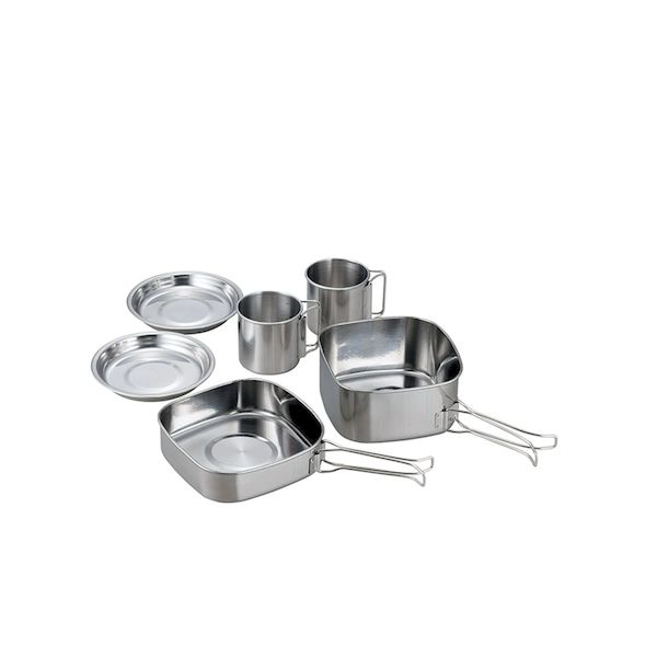 カクセーメーカーお問い合わせ：0256-63-7271【商品説明】●角型鍋・角型フライパン・皿×2・マグ×2のペアで使えるキャンピング鍋6点セット。●鍋は袋麺が入るサイズです。●鍋はコンパクトに収納できます。●商品サイズ：角型鍋／直径143...