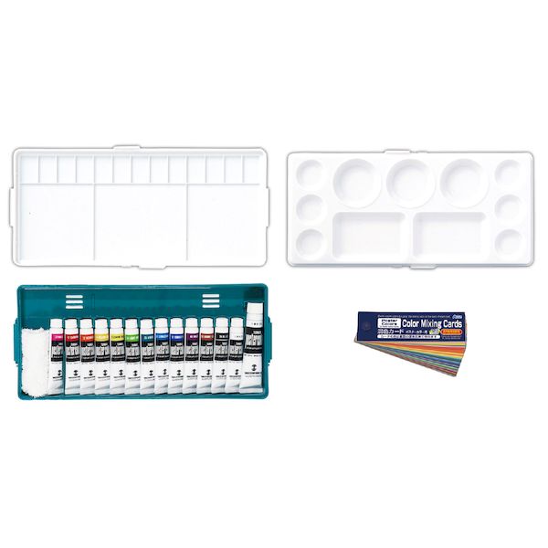 【商品説明】●表現の幅が広がるマゼンタ入り●商品サイズ（単位mm)：138×300×35mm（収納時）●セット内容：13色11mlチューブ各1本＋ホワイト20mlチューブ1本混色カード ポスターカラー用120色パレット2枚ミニタオル付●重量...