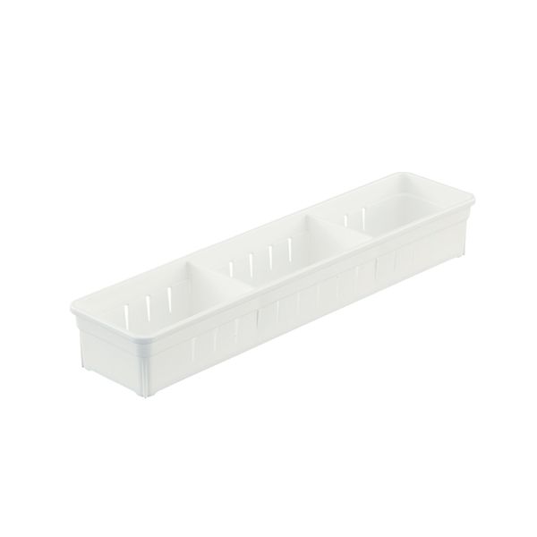 【商品説明】●キッチン周りの引き出しをキレイに。●キッチン周りにある引き出しで、調理小物やお弁当小物を整理するのに便利な引き出し用トレーです。●どちらも、便利な仕切付。●カラー：ホワイト●サイズ：34.8×8×5Hcm●材質：ポリプロピレン