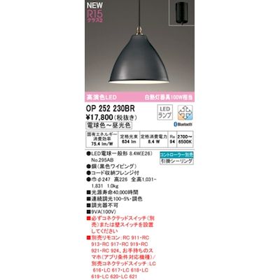 オーデリックメーカーお問い合わせ：03-3332-1123【商品説明】消費電力8.4W Ra94 ●LED電球一般形 8.4W(E26) No.295AB ●(黒色ワイピング) ●コード収納フレンジ付 ●巾φ247 高226 全高1，031...