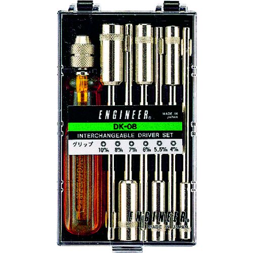 エンジニアメーカーお問い合わせ：06-6974-0028【特長】●差替ナットドライバーをプラケースにセット、携帯に便利です。【用途】●修理・メンテナンス作業に。【仕様】●セット内容：グリップ、ナットサイズ4、5.5、6、7、8、10mm●セ...