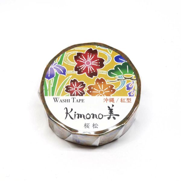 【商品説明】●和紙マスキングテープ●Kimono美シリーズ　紅　BIN　沖縄／紅型　幅15mm●水に松藤と桜とアヤメを配しました。●沖縄が琉球と呼ばれていた頃から伝わる、伝統的で華やかな色彩をお楽しみください。●サイズ縦_本体（mm）：50...