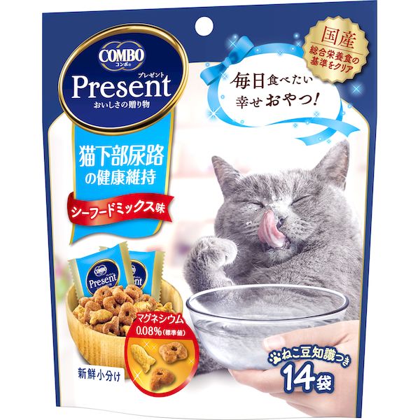 【商品説明】●おいしくカラダにやさしい毎日食べたい幸せおやつ！●低マグネシウム設計で猫下部尿路の健康維持。(マグネシウム含有量0.08％:標準値)●総合栄養食の基準をクリアした安心の国産おやつ。●たっぷり海のおいしさ、シーフードミックス味。...